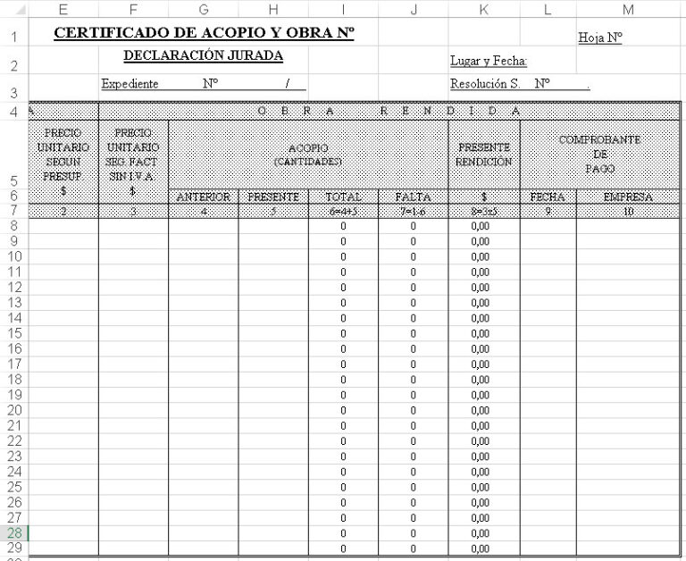 Formato De Control De Obra En Excel